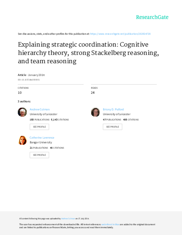 (PDF) Explaining strategic coordination: Cognitive hierarchy theory ...