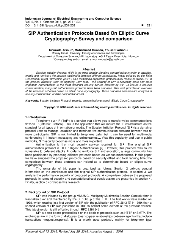 Pdf Sip Authentication Protocols Based On Elliptic Curve Cryptography Survey And Comparison 6860