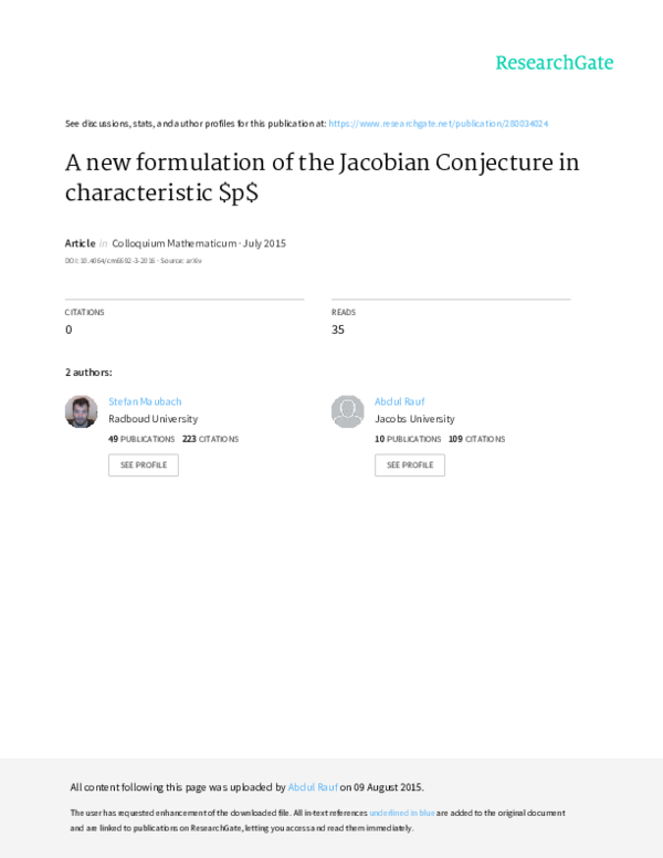 (PDF) A new formulation of the Jacobian Conjecture in characteristic $p$