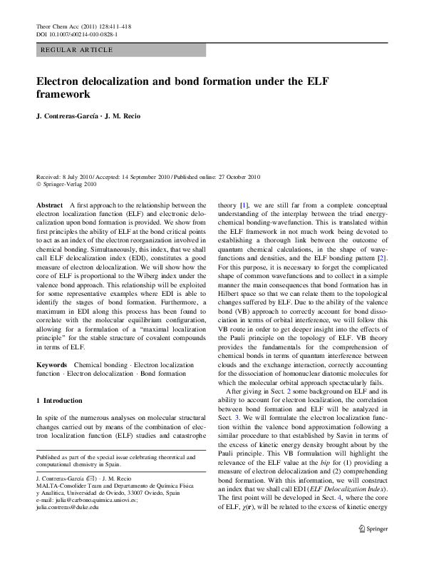 (PDF) Electron delocalization and bond formation under the ELF framework