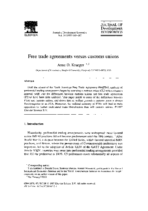 (PDF) Free trade agreements versus customs unions