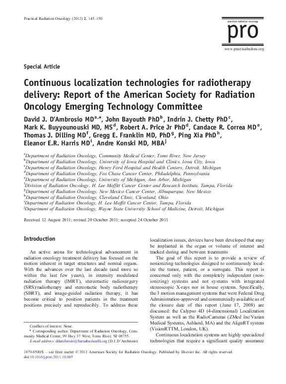 (PDF) Continuous localization technologies for radiotherapy delivery ...