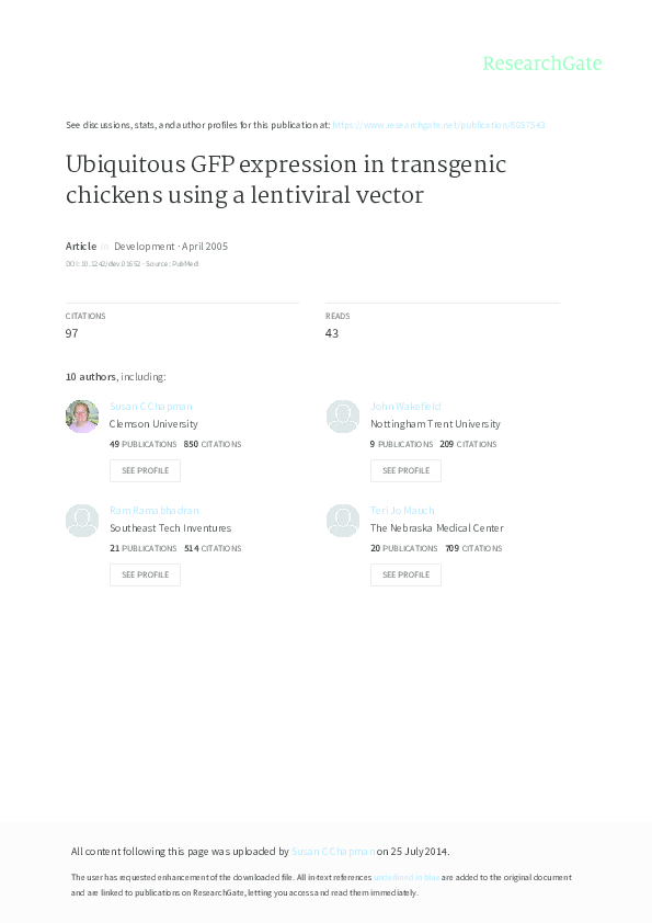 (PDF) Ubiquitous GFP expression in transgenic chickens using a ...