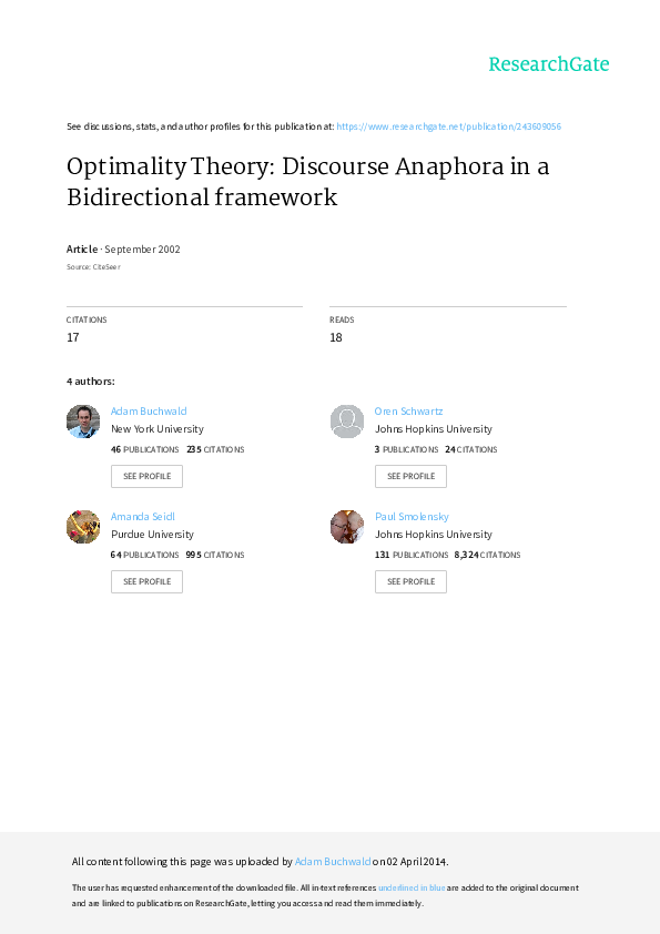 (PDF) Optimality Theory: Discourse Anaphora in a Bidirectional framework