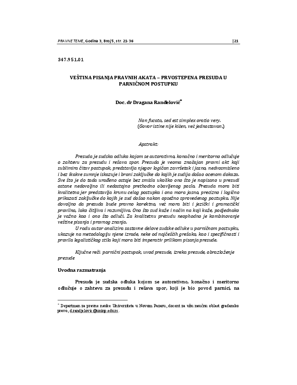 (PDF) VESTINA PISANJA PRAVNIH AKATA PRVOSTEPENA PRESUDA U PARNICNOM ...