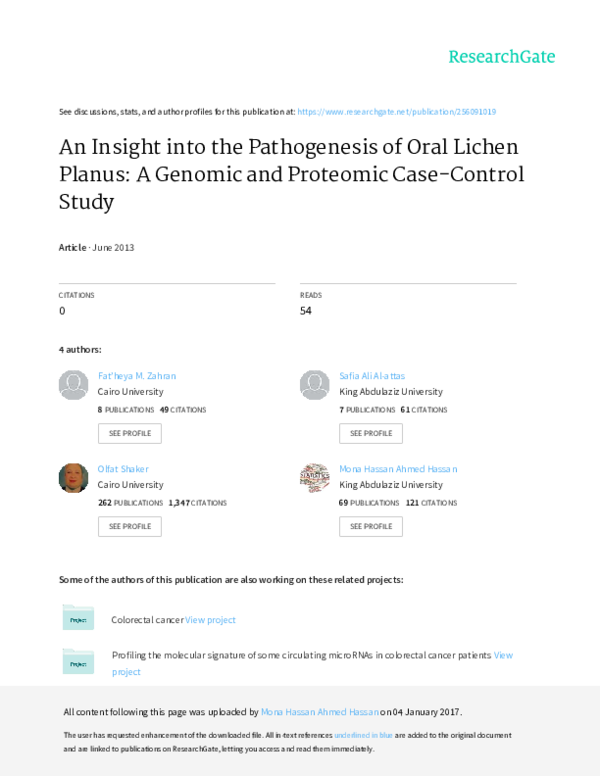 (PDF) An Insight into the Pathogenesis of Oral Lichen Planus: A Genomic and Proteomic Case ...