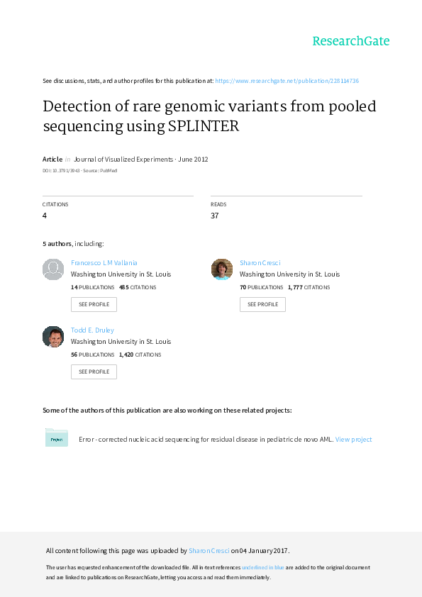 Pdf Detection Of Rare Genomic Variants From Pooled Sequencing Using Splinter