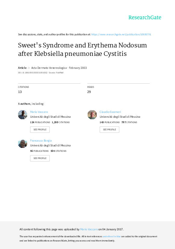 (PDF) Sweet's Syndrome and Erythema Nodosum after Klebsiella pneumoniae ...