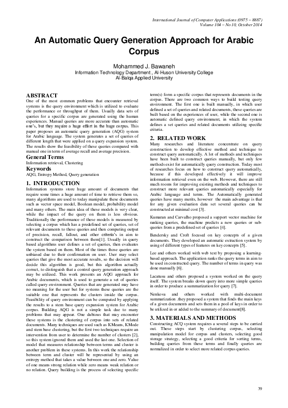 (PDF) An Automatic Query Generation Approach for Arabic Corpus