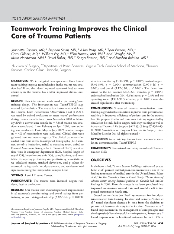 (PDF) Teamwork Training Improves the Clinical Care of Trauma Patients