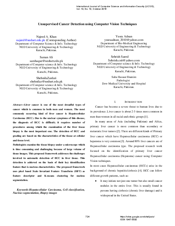 (PDF) Unsupervised Cancer Detection using Computer Vision Techniques