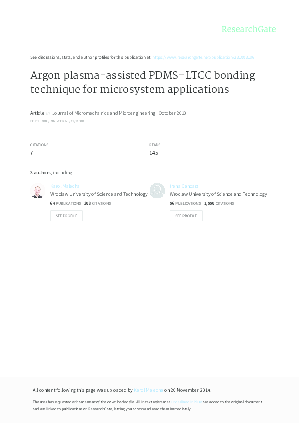 (PDF) Argon plasma-assisted PDMS–LTCC bonding technique for microsystem ...