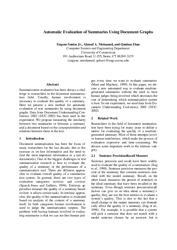 Pdf Automatic Evaluation Of Summaries Using Document Graphs