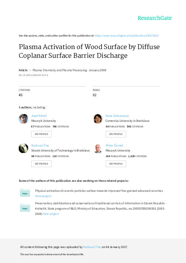 (PDF) Plasma Activation of Wood Surface by Diffuse Coplanar Surface Barrier Discharge
