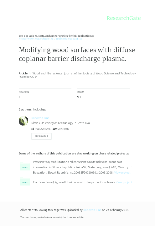 (PDF) Modifying wood surfaces with diffuse coplanar barrier discharge plasma | Radovan Tino ...