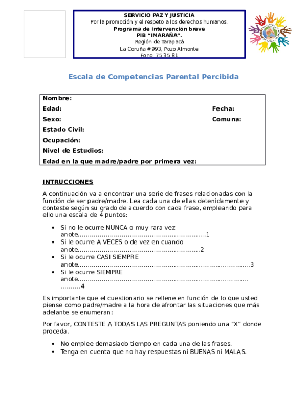 (DOC) Escala de competencias parentales