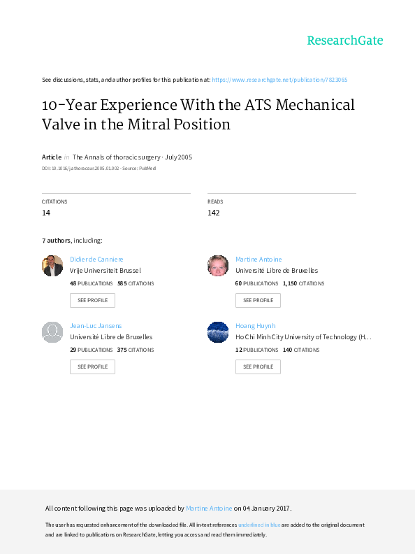 (PDF) 10-Year Experience With the ATS Mechanical Valve in the Mitral ...