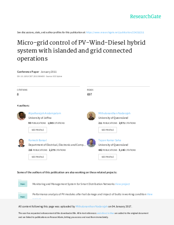 (PDF) Micro-grid control of PV-wind-diesel hybrid system with islanded and grid connected operations
