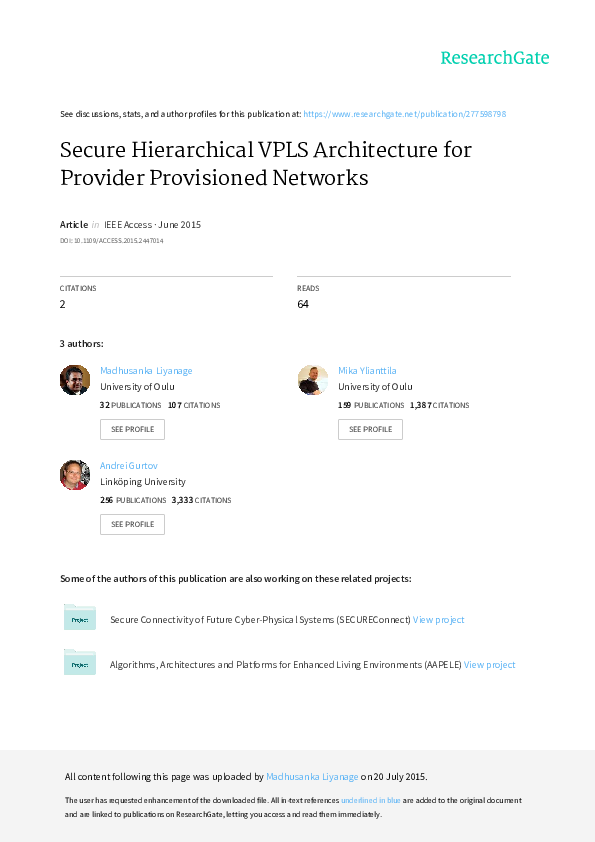 (PDF) Secure Hierarchical VPLS Architecture for Provider Provisioned Networks