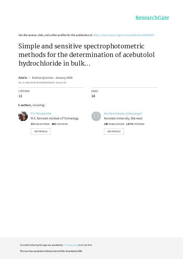 Pdf A Simple And Sensitive Spectrophotometric Method For The Determination Of Trace Amounts Of