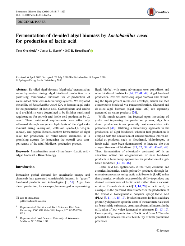 (PDF) Fermentation of de-oiled algal biomass by Lactobacillus casei for ...