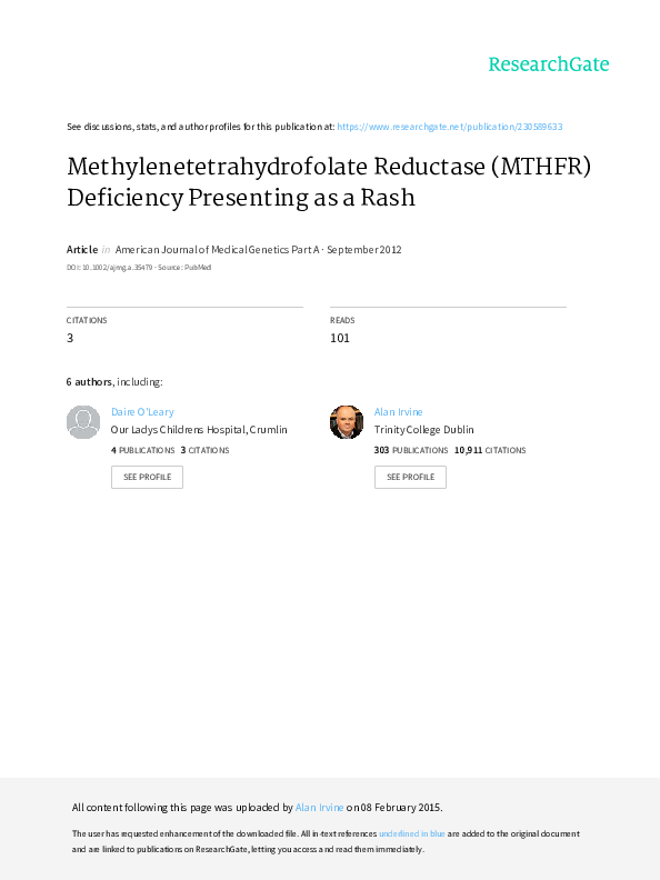 (PDF) Methylenetetrahydrofolate reductase (MTHFR) deficiency presenting ...