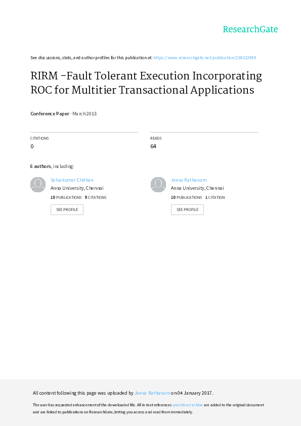 (PDF) RIRM - Fault tolerant execution incorporating ROC for multitier transactional applications
