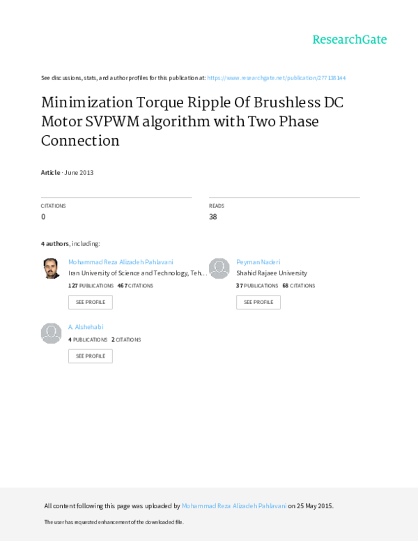 Pdf Minimization Torque Ripple Of Brushless Dc Motor Svpwm Algorithm With Two Phase Connection