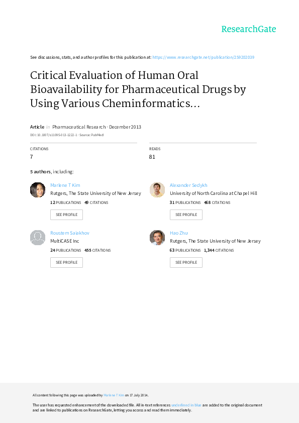 (PDF) Critical Evaluation of Human Oral Bioavailability for ...