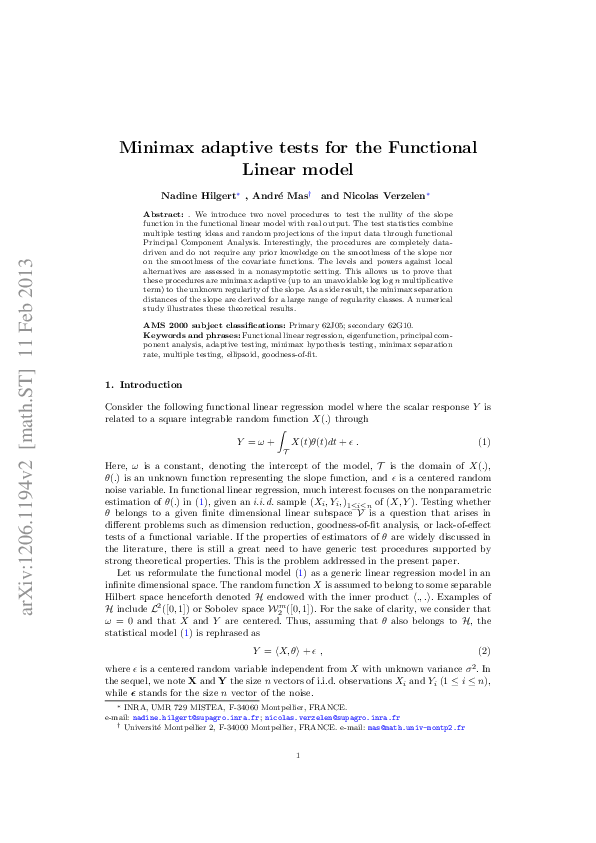Pdf Minimax Adaptive Tests For The Functional Linear Model Nadine