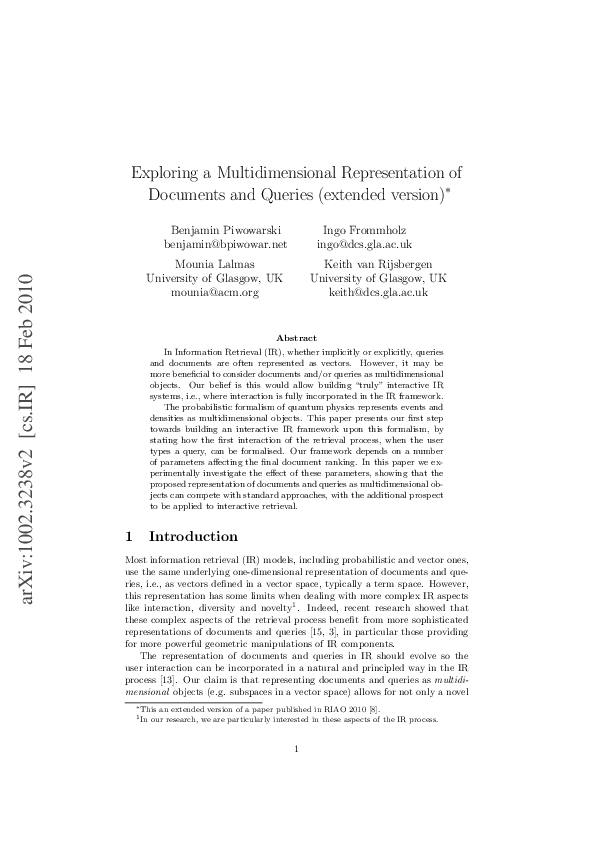 Exploring a multidimensional representation of documents and queries