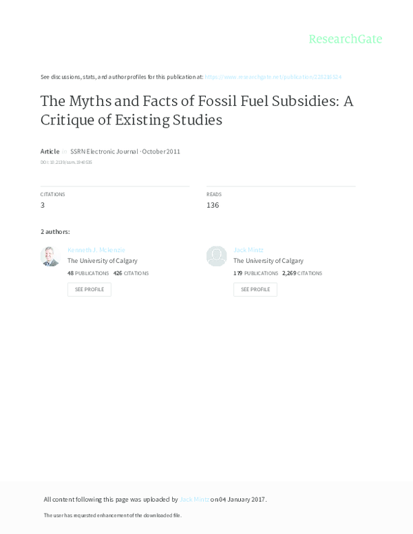 (PDF) The Myths and Facts of Fossil Fuel Subsidies: A Critique of Existing Studies | Kenneth ...