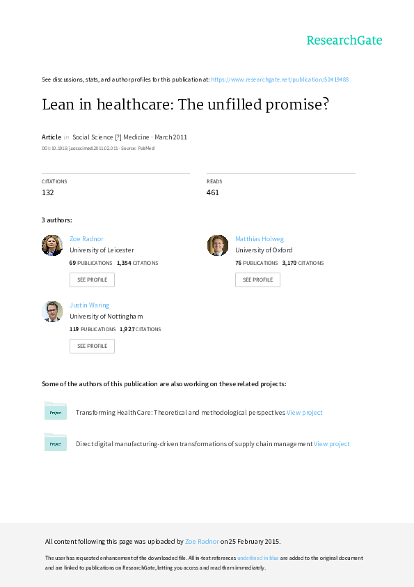 (PDF) Lean in healthcare: The unfilled promise?