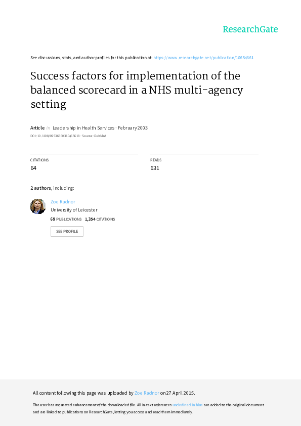 (PDF) Success factors for implementation of the balanced scorecard in a ...