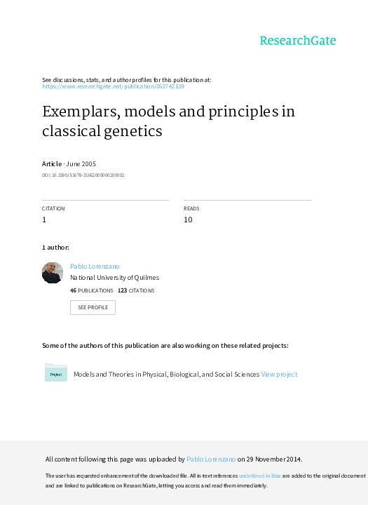 (PDF) Exemplars, models and principles in classical genetics