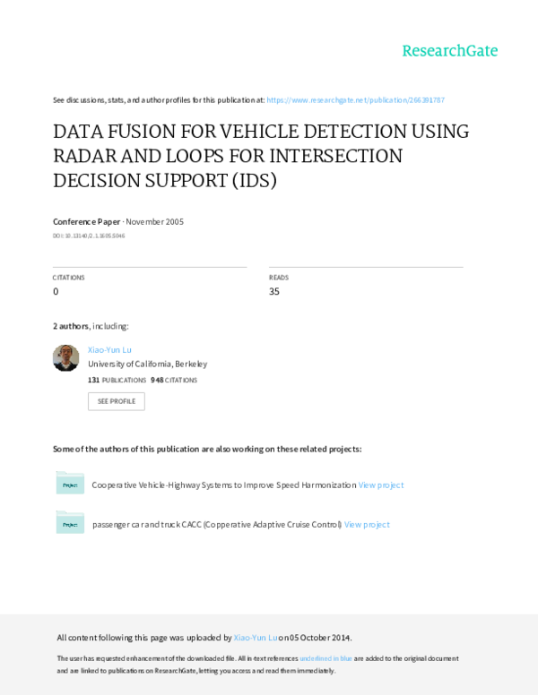 (PDF) Data Fusion for Vehicle Detection Using Radar and Loops For ...
