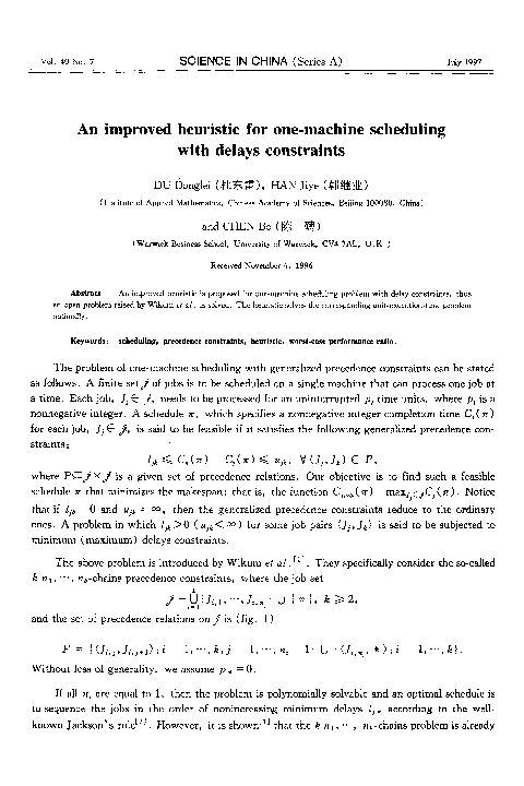 Pdf An Improved Heuristic For One Machine Scheduling With Delays Constraints