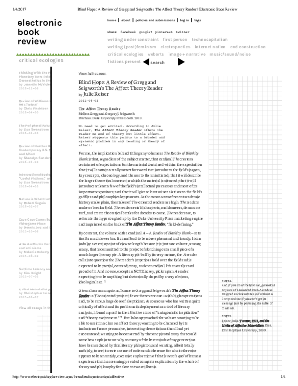 (PDF) Blind Hope: A Review of Gregg and Seigworth's The Affect Theory ...