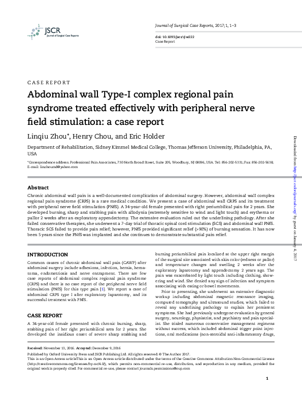 (PDF) Abdominal wall Type-I complex regional pain syndrome treated ...