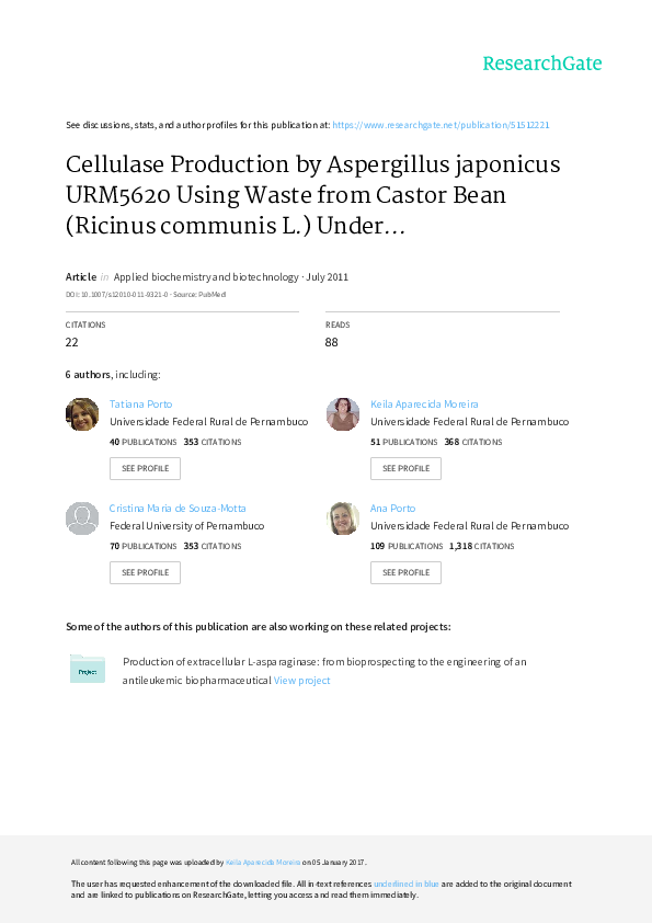 (PDF) Cellulase Production by Aspergillus japonicus URM5620 Using Waste from Castor Bean ...