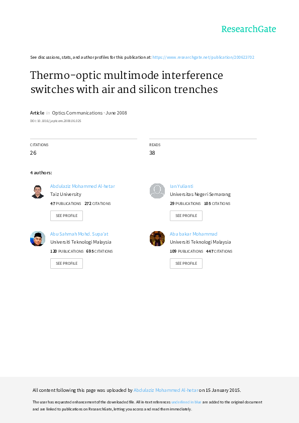 (PDF) Thermo-optic multimode interference switches with air and silicon trenches
