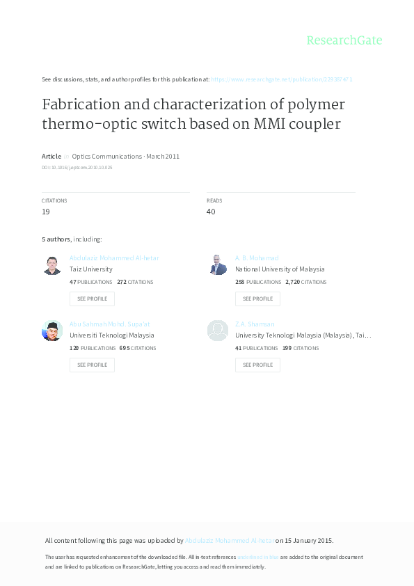 (PDF) Fabrication and characterization of polymer thermo-optic switch based on mmi coupler