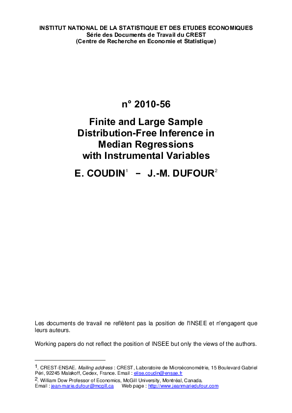 (PDF) Finite and Large Sample Distribution-Free Inference in Median Regressions with ...