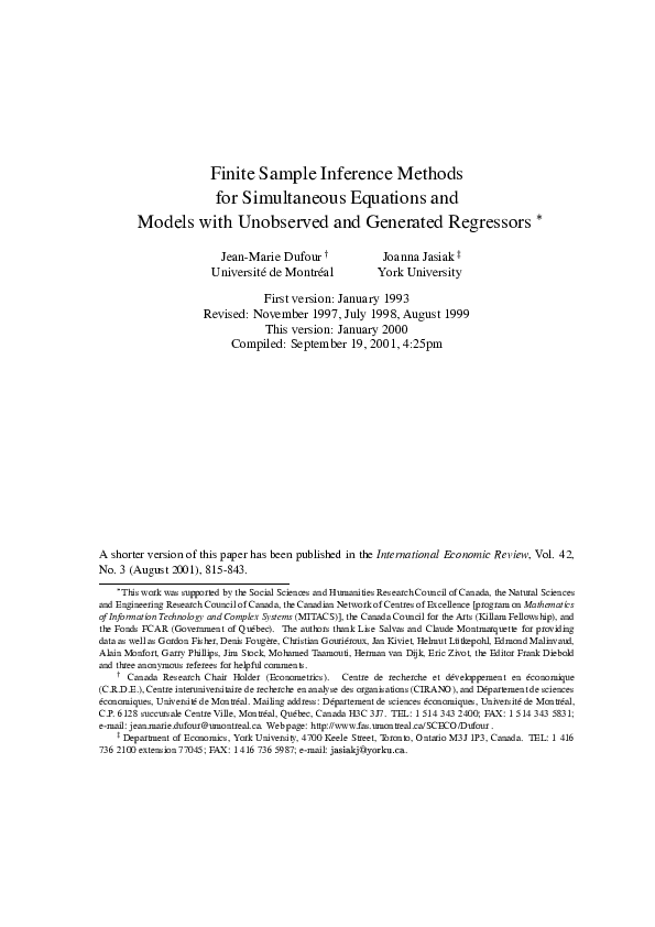 Pdf Finite Sample Inference Methods For Simultaneous Equations And Models With Unobserved And