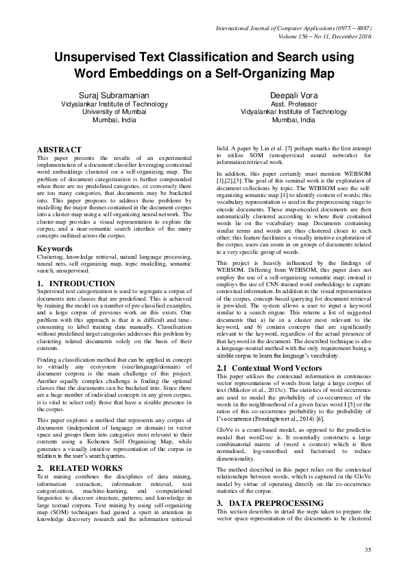 Pdf Unsupervised Text Classification And Search Using Word