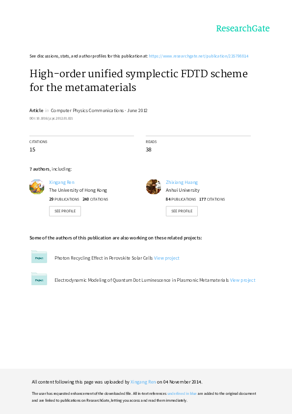 (PDF) High-order unified symplectic FDTD scheme for the metamaterials | XINGANG REN - Academia.edu