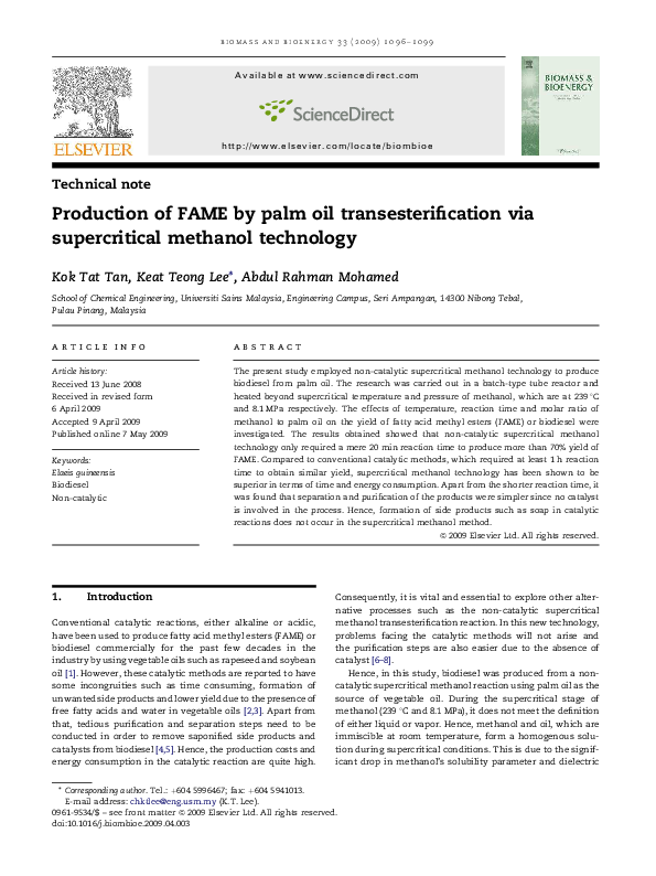 (PDF) Production of FAME by palm oil transesterification via ...