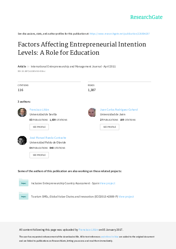(PDF) Factors affecting entrepreneurial intention levels: a role for ...