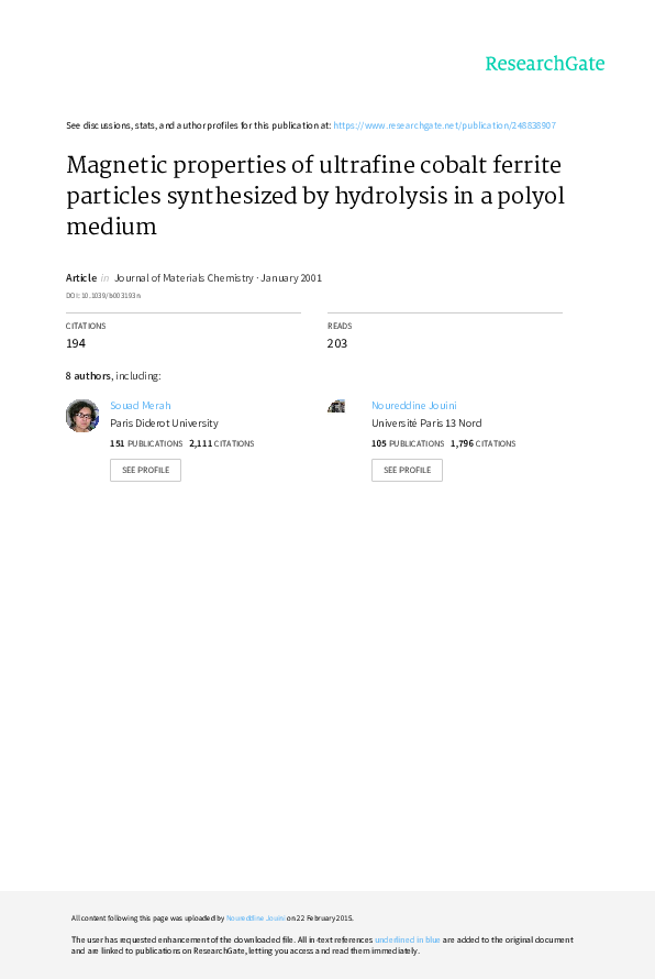 (PDF) Magnetic properties of ultrafine cobalt ferrite particles synthesized by hydrolysis in a ...
