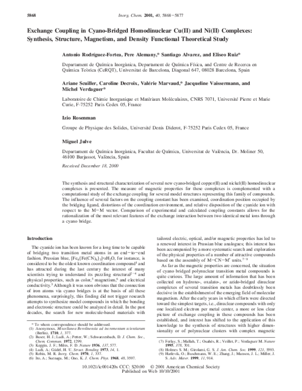 (PDF) Exchange Coupling in Cyano-Bridged Homodinuclear Cu(II) and Ni(II ...
